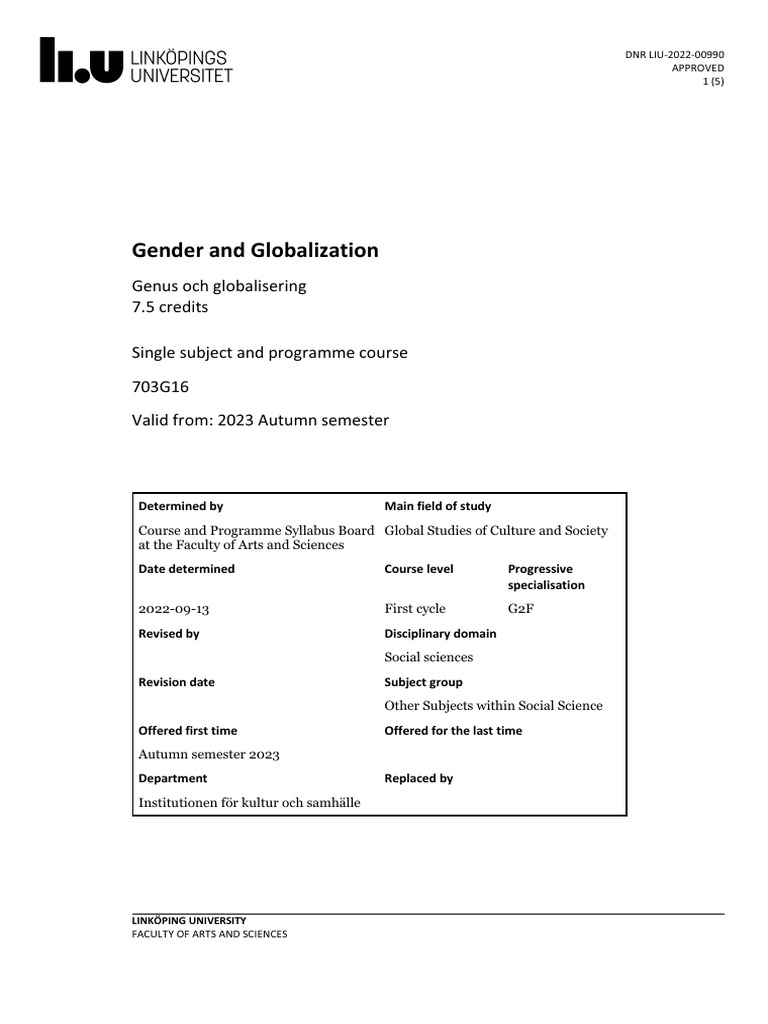 Syllabus Gender and Globalization | Download Free PDF | Gender | Gender Studies