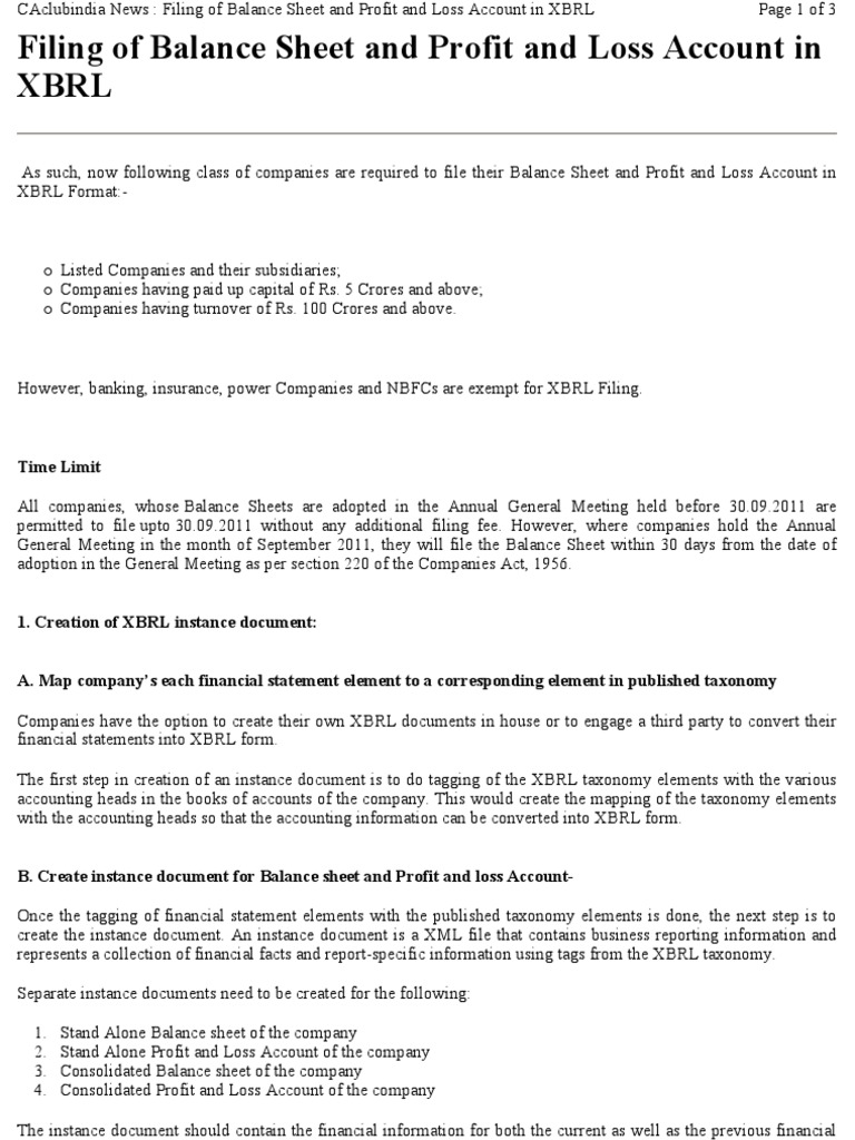 Filing of Balance Sheet and Profit and Loss Account in XBRL | PDF ...