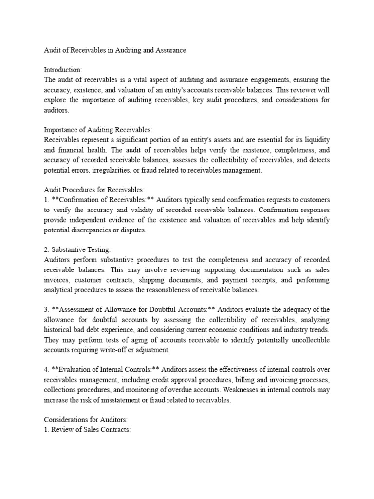 Reviewer 4- Audit of Receivables | PDF | Audit | Internal Control