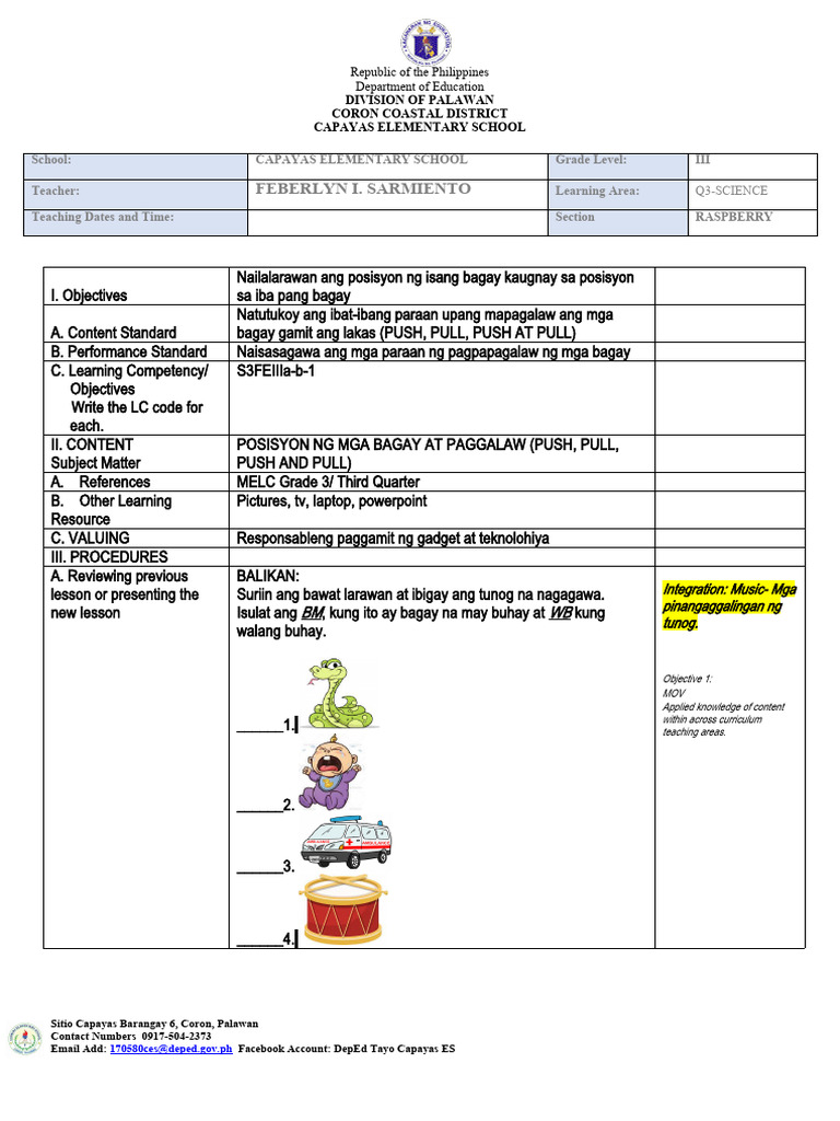 CO FEBRUARY SCIENCE - 3rd - POSISYON NG MGA BAGAY | PDF