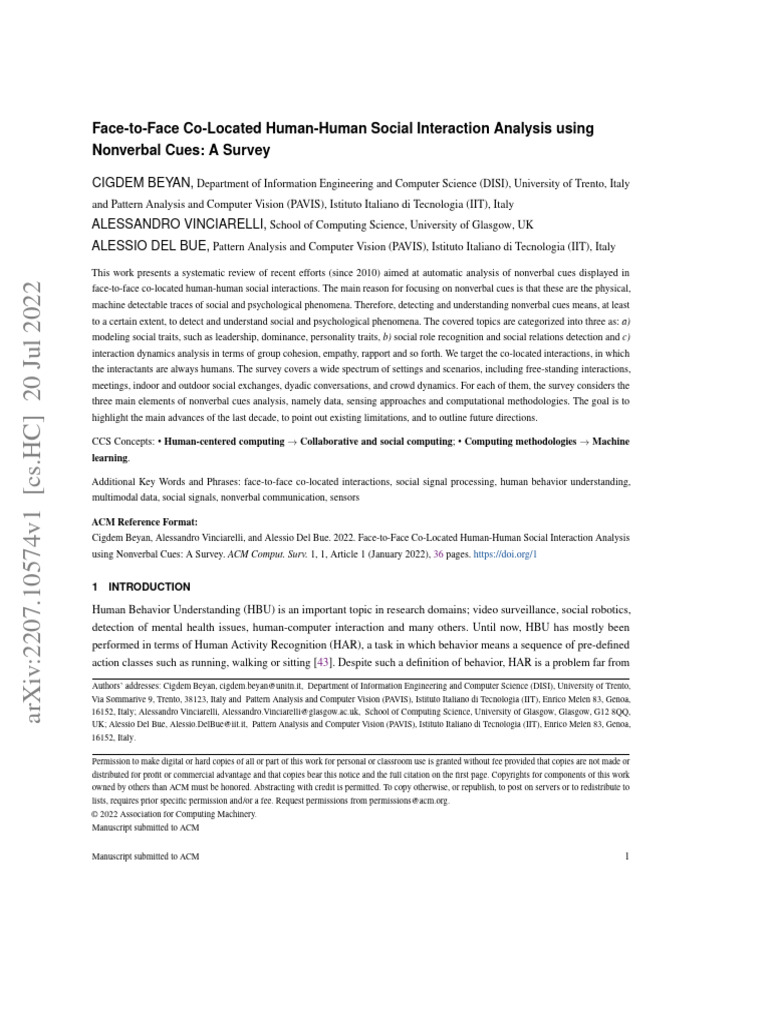 Face-To-Face Co-Located Human-Human Social Interaction Analysis Using Nonverbal Cues - A Survey ...