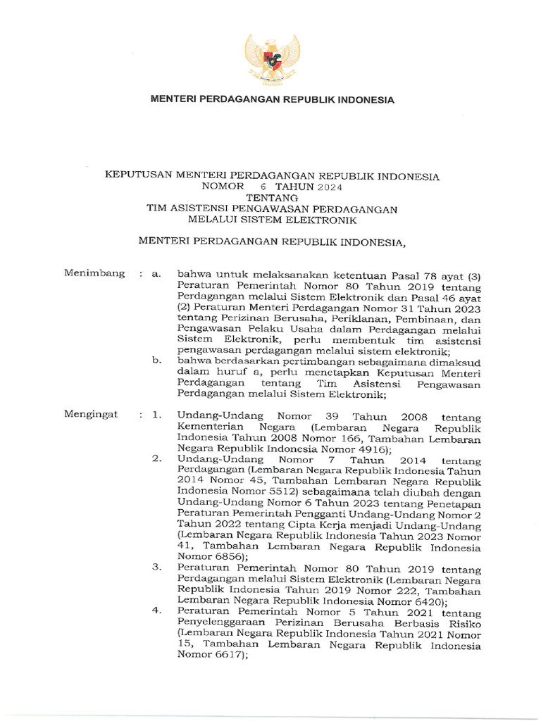 Keputusan Menteri Perdagangan Nomor 6 Tahun 2024 Tentang Tim Asistensi Pengawasan PMSE - 040124 ...