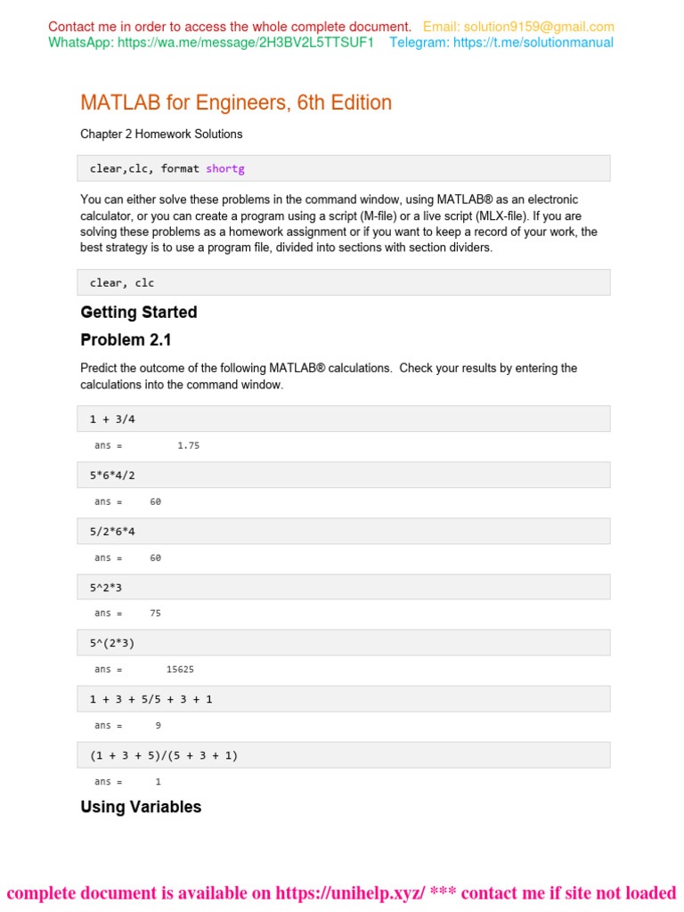 Solution Manual MATLAB For Engineers 6th Edition by Moore | PDF | Ph | Gases