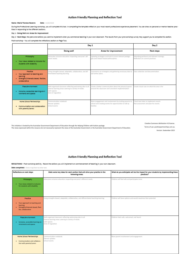 Autism Friendly Planning and Reflection Tool 2023 - Uni | PDF ...