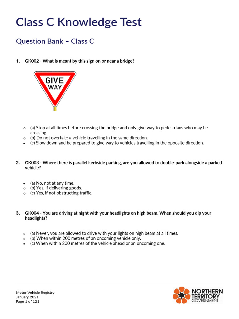 NT Class-C-Knowledge-Test | Download Free PDF | Traffic | Traffic Light