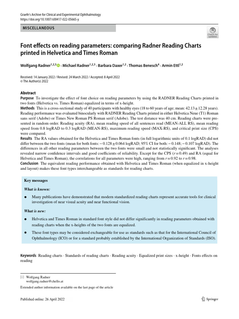 Radner2022 Article FontEffectsOnReadingParameters | PDF | Visual Acuity ...