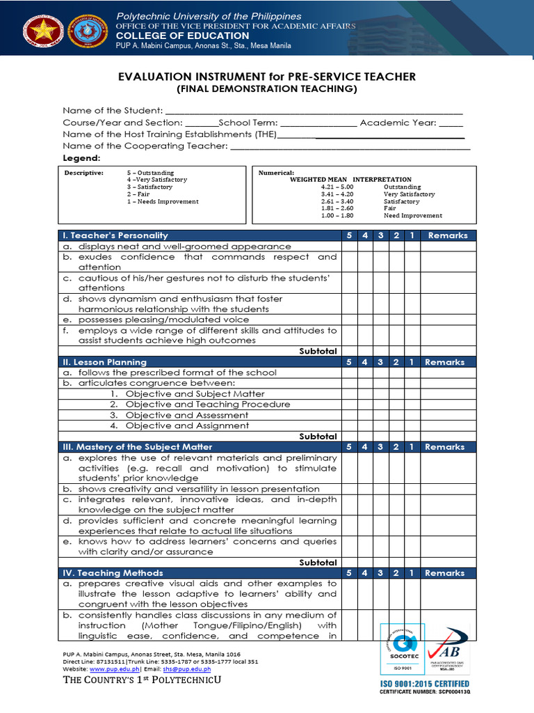 Evaluation Instrument For Pre-Service Teacher (Final Demonstration ...