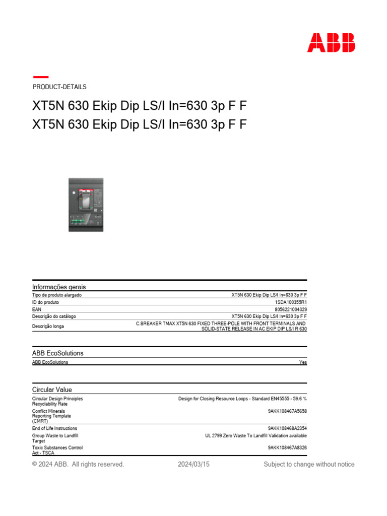 1SDA100355R1 xt5n 630 Ekip Dip Ls I in 630 3p F F | PDF | Tecnologia e Engenharia
