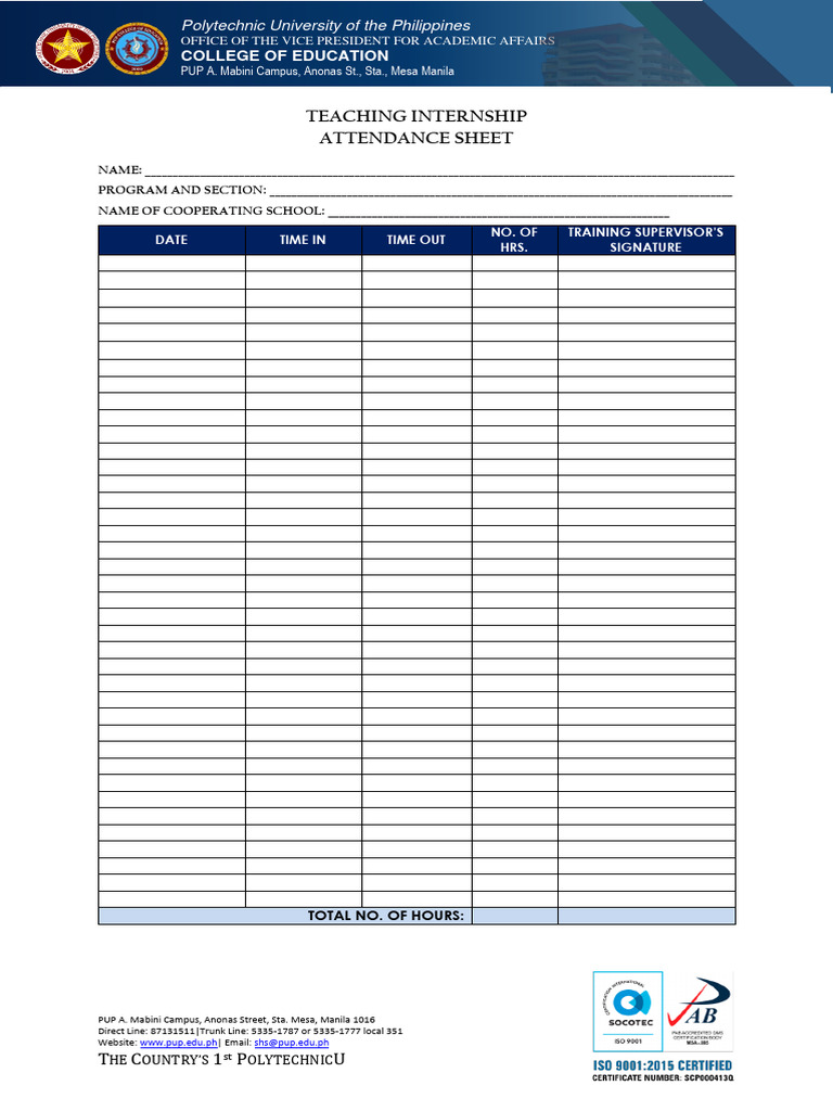 Attendance Sheet - Teaching Internship | PDF | Career & Growth