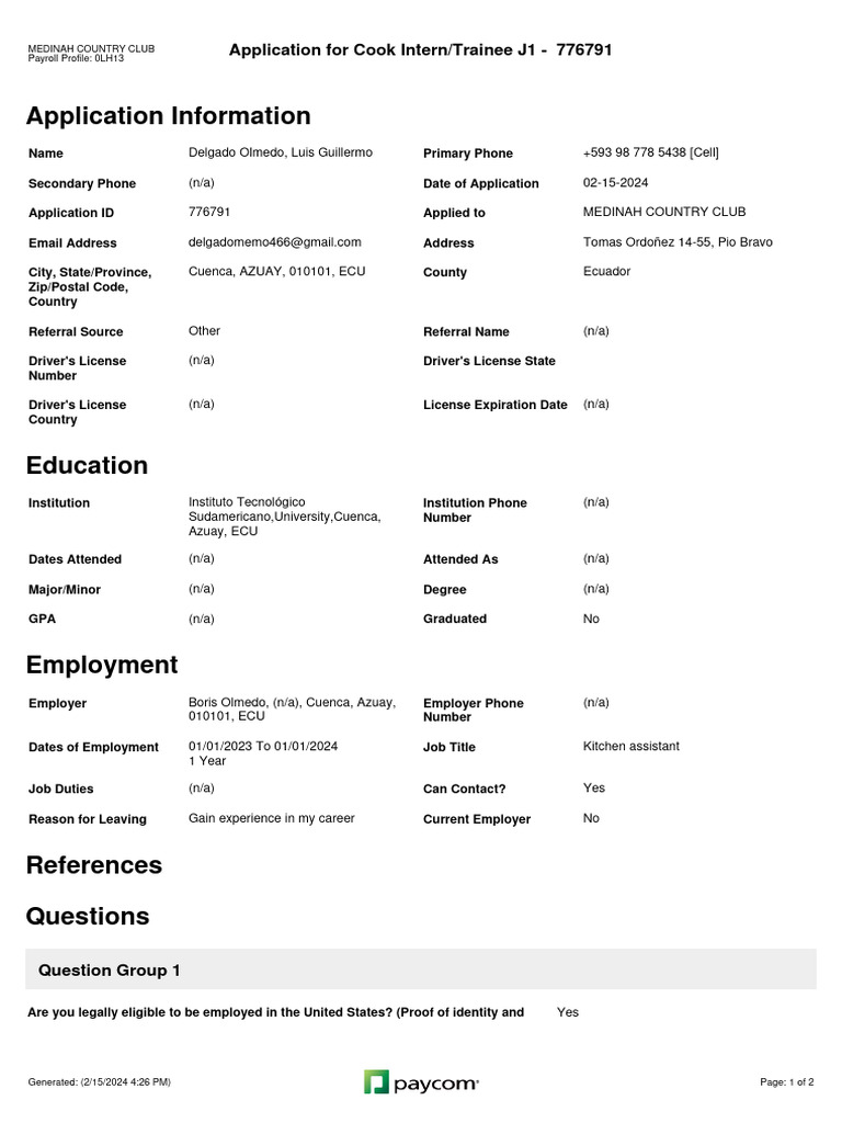 Application For Cook InternTrainee J1 - 776791 | PDF | Employment | Justice