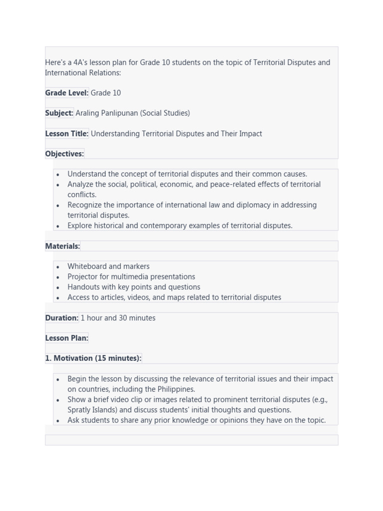 Territorial Disputes: A Grade 10 Lesson Plan | PDF | International Law ...