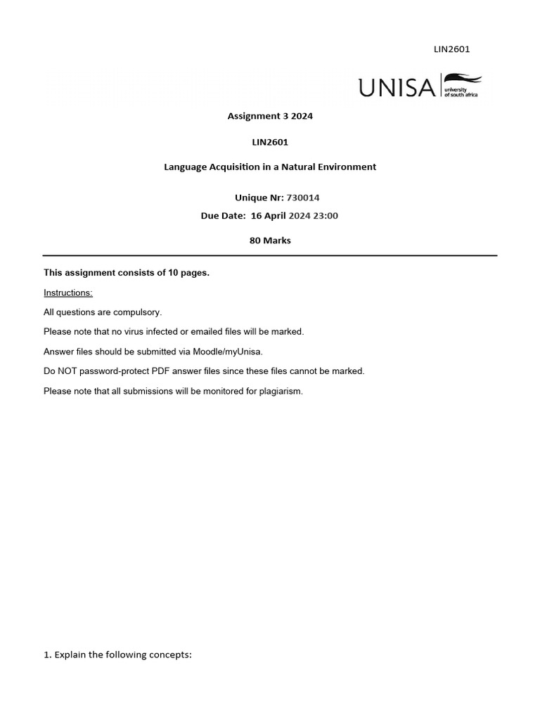 LIN2601 S1 Assignment 3 2024 | PDF | Language Acquisition | Linguistics