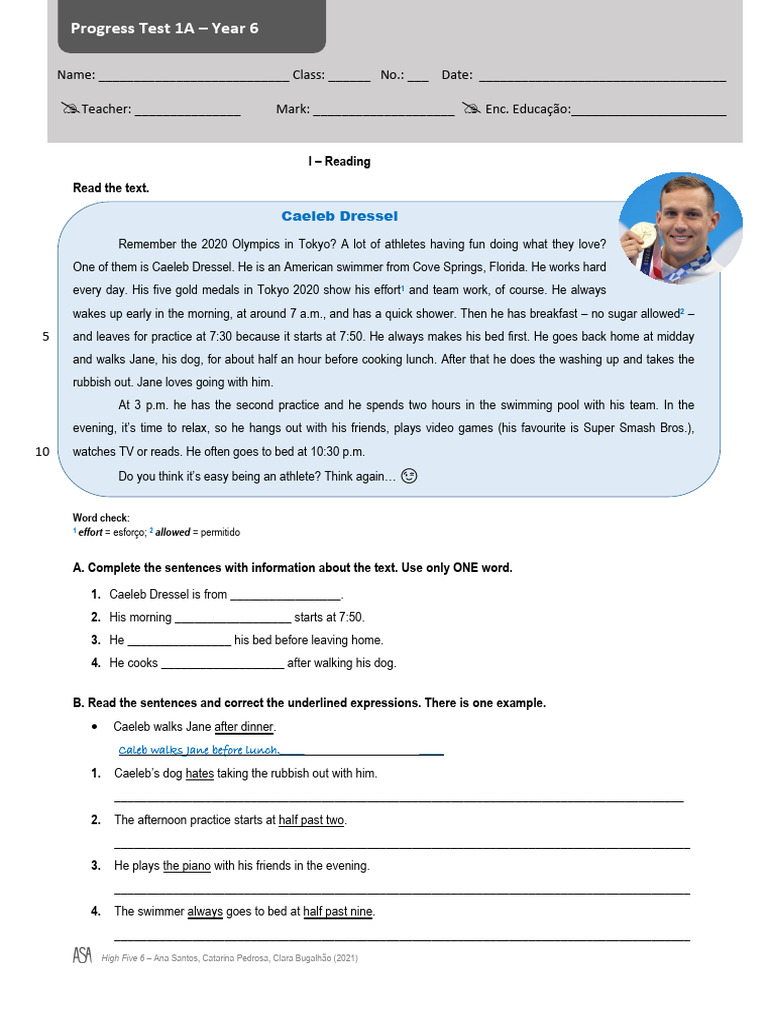 Progress Test1a Year6 2021 2022 | PDF | Language Arts & Discipline