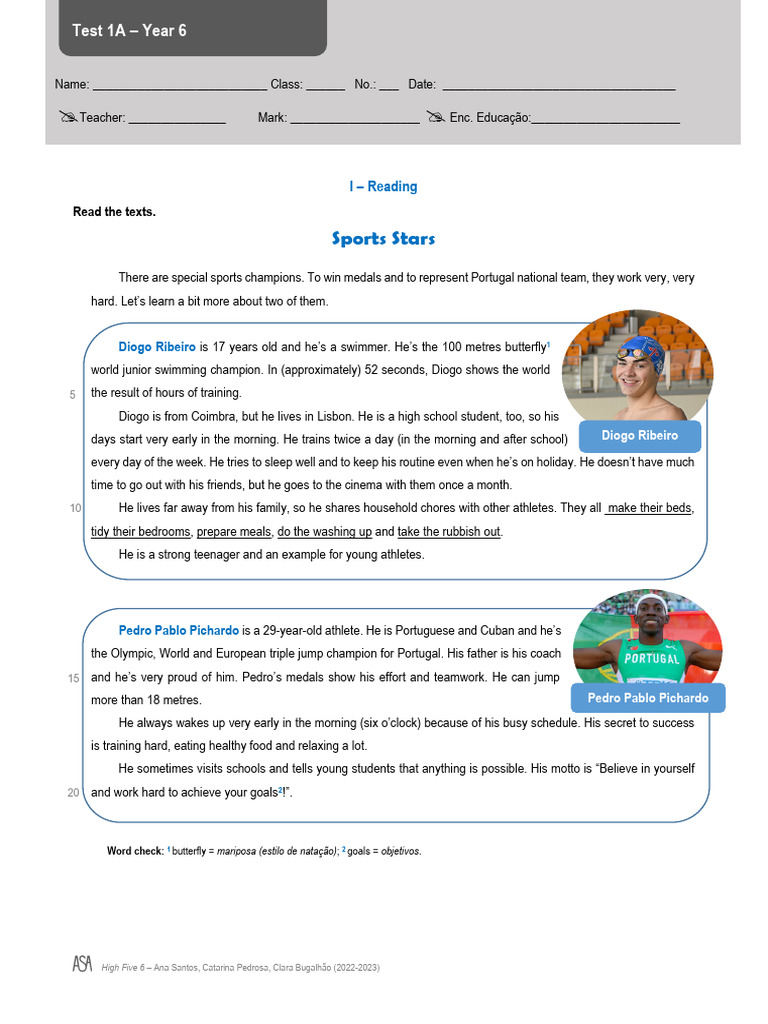 Year 6 Sports Stars Reading Test | PDF | Sports & Recreation