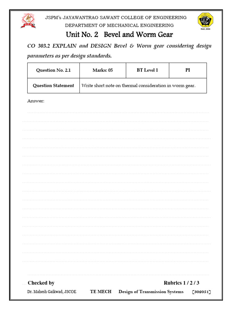 Unit-2 Workbook Worm and Bevel Gears | PDF | Gear | Heat Transfer