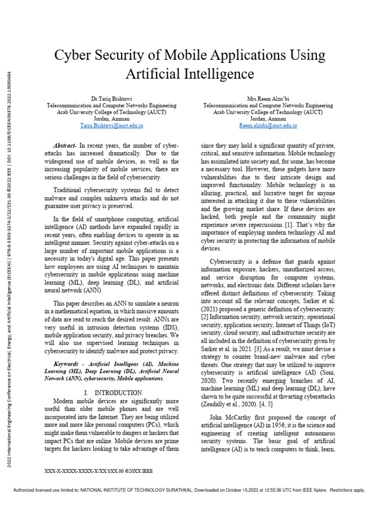 Cyber Security of Mobile Applications Using Artificial Intelligence | PDF | Security | Computer ...