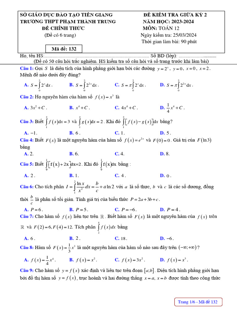 De Giua Ky 2 Toan 12 Nam 2023 2024 Truong THPT Pham Thanh Trung Tien Giang | PDF