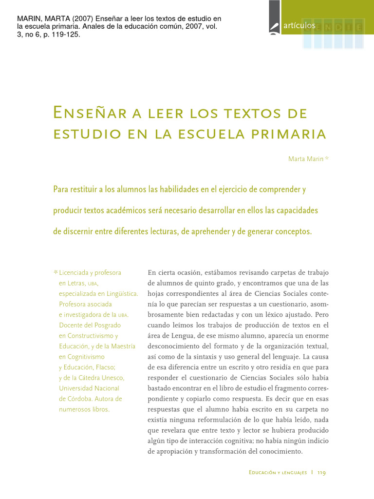 Marin, Marta. Enseñar A Leer Textos de Estudio en La Escuela Primaria ...