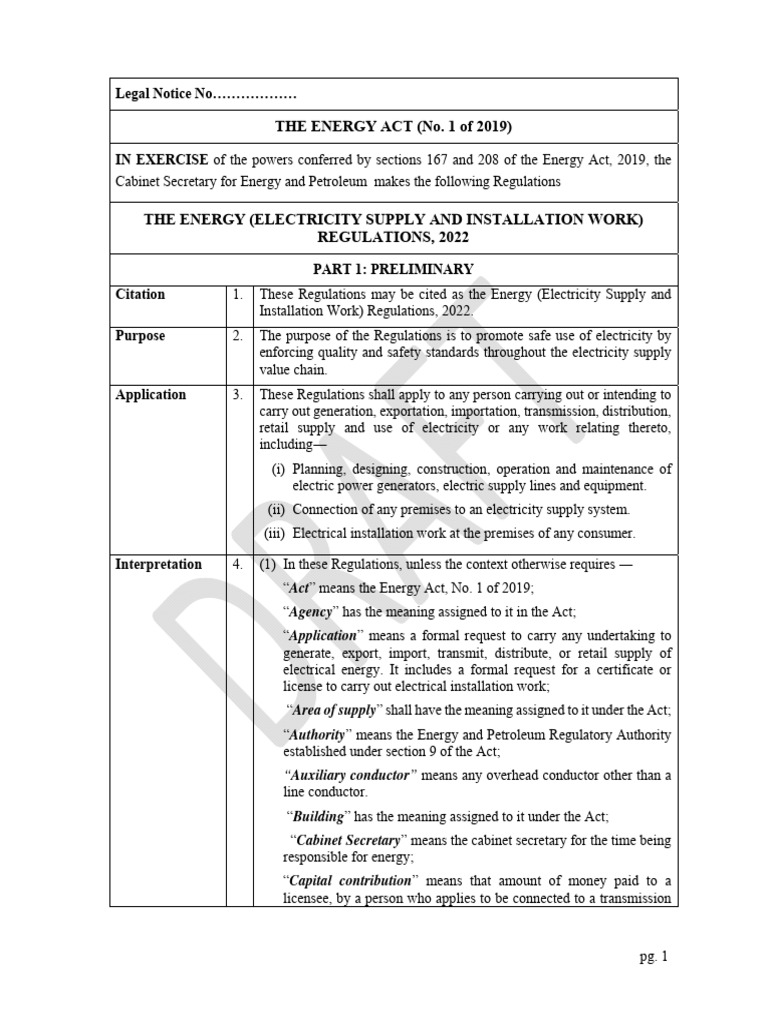 Draft ENERGY (ELECTRICITY SUPPLY AND INSTALLATION WORK) REGULATIONs ...