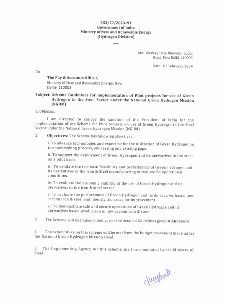 MNRE Guidelines For Implementation of Pilot Projects of Green Hydrogen ...