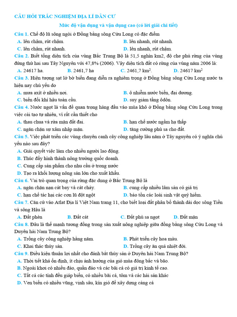 Cau Hoi Trac Nghiem Dia Li Vung Kinh Te - Muc Do Van Dung Va Van Dung ...