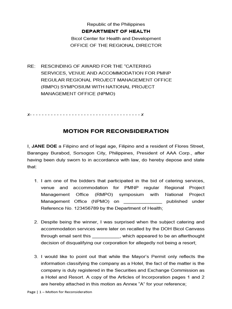 Motion for Reconsideration - Rescission of Contract | PDF | Restaurants