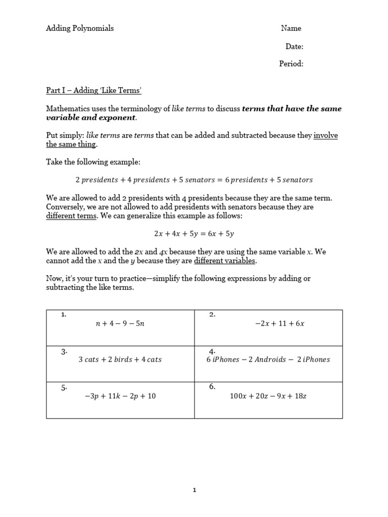 Adding Polynomials and Like Terms | PDF