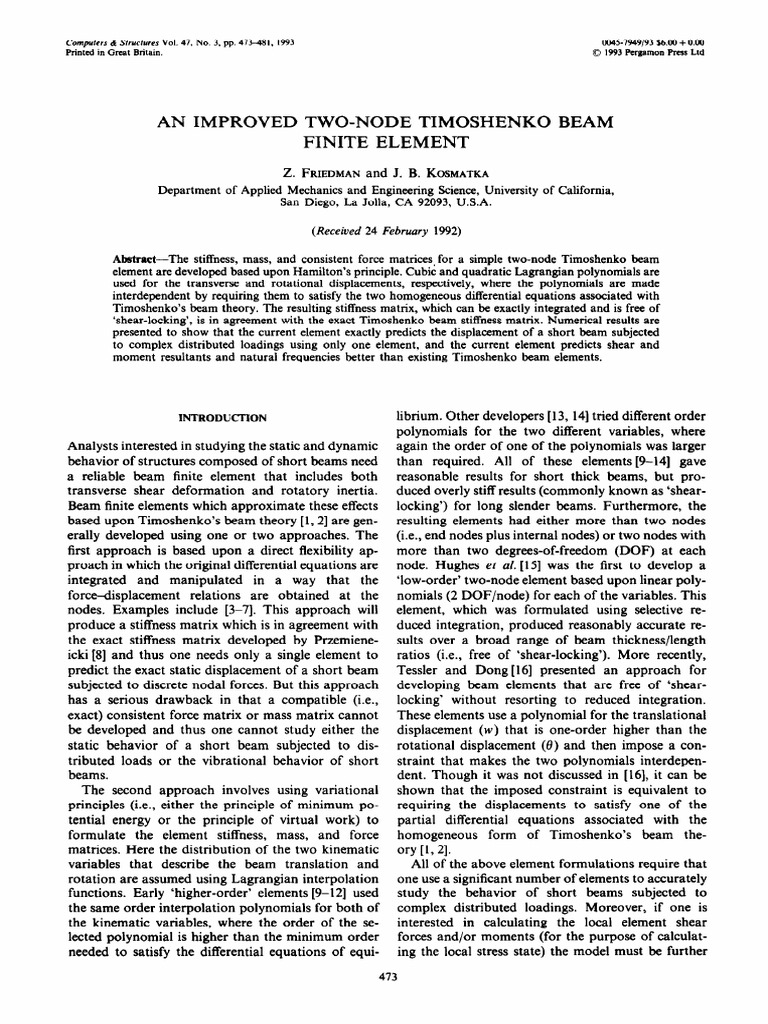 An Improved Two-Node Timoshenko Beam Finite Element: Diego, La Jolla, CA 92093, U.S.A | PDF ...