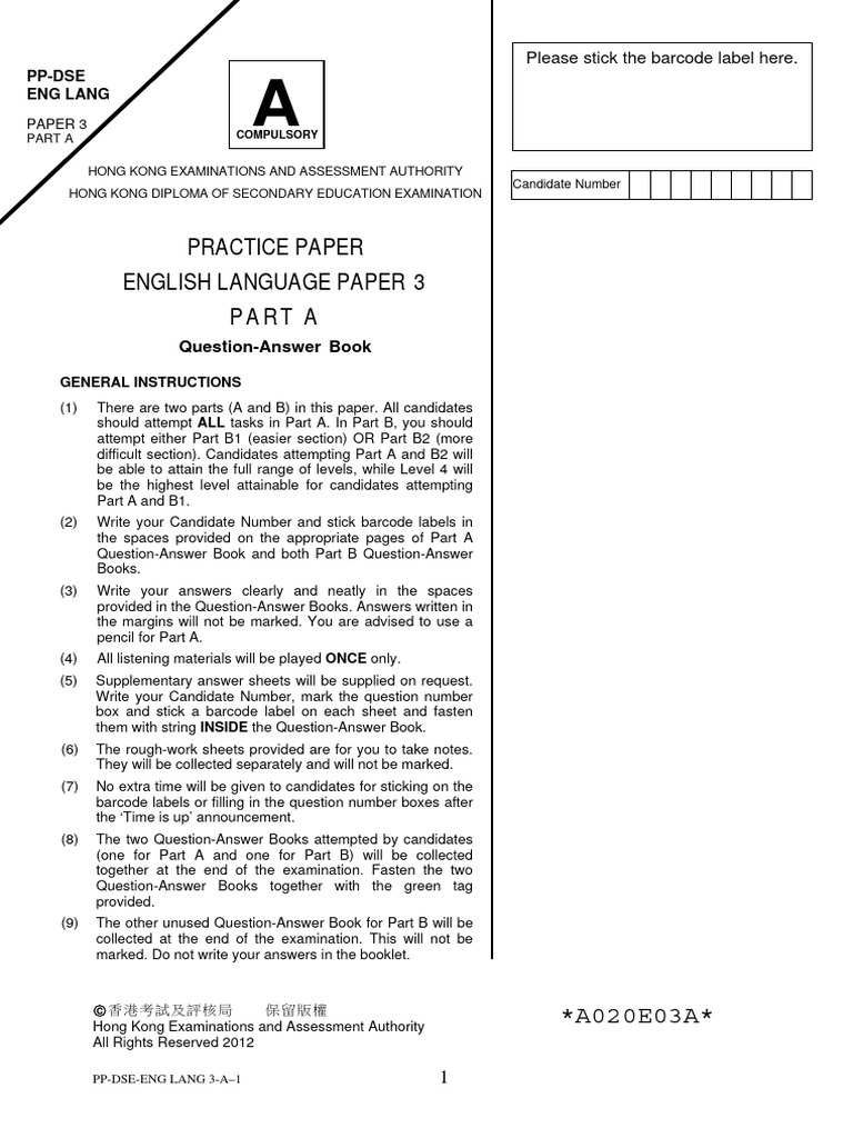 Practice Paper English Language Paper 3 Part A: Please Stick The ...
