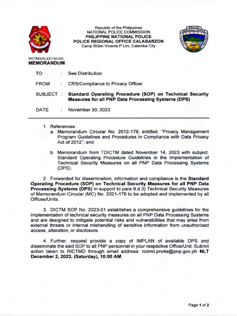 Standard Operating Procedure (SOP) On Technical Security Measures For All PNP Data Processing ...