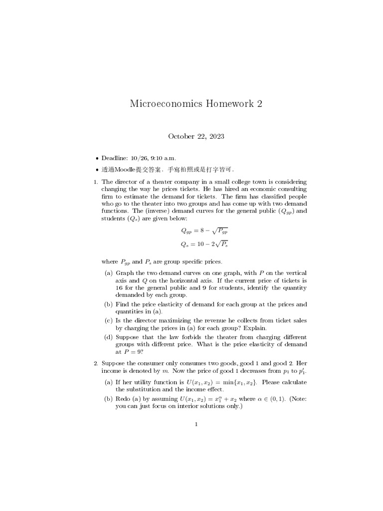 Microeconomics Homework 2: October 22, 2023 | PDF | Demand | Demand Curve