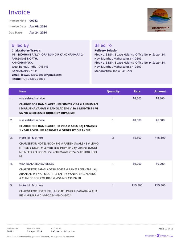 Invoice for Visa and Hotel Services | PDF | Economy Of Asia | Economy ...