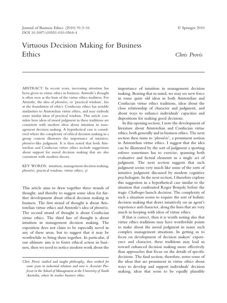 Provis, Chris - Virtuous Decision Making | PDF | Virtue Ethics | Virtue