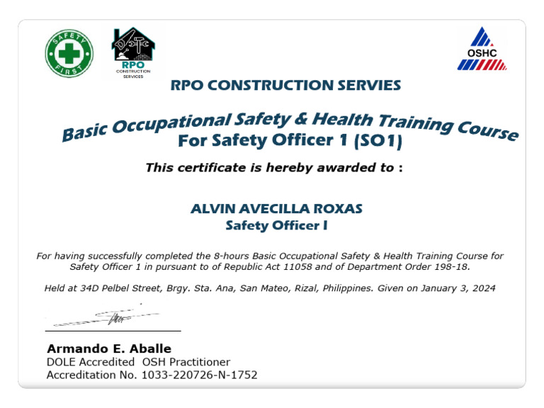 Safety Officer 1 Training Certificate | PDF