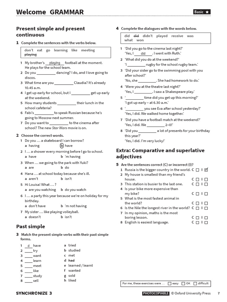 Synchronize3 TRB Worksheets Welcome Unit Basic Grammar | PDF | Adjective | Language Mechanics