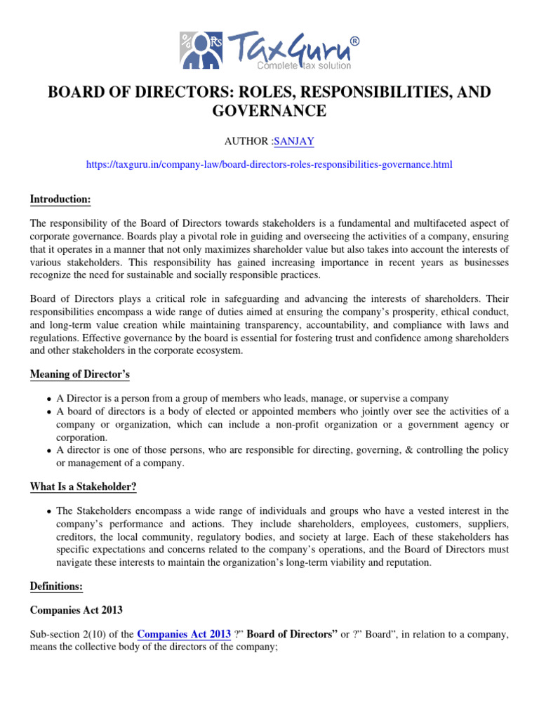 Board of Directors - Roles, Responsibilities, and Governance - Taxguru ...