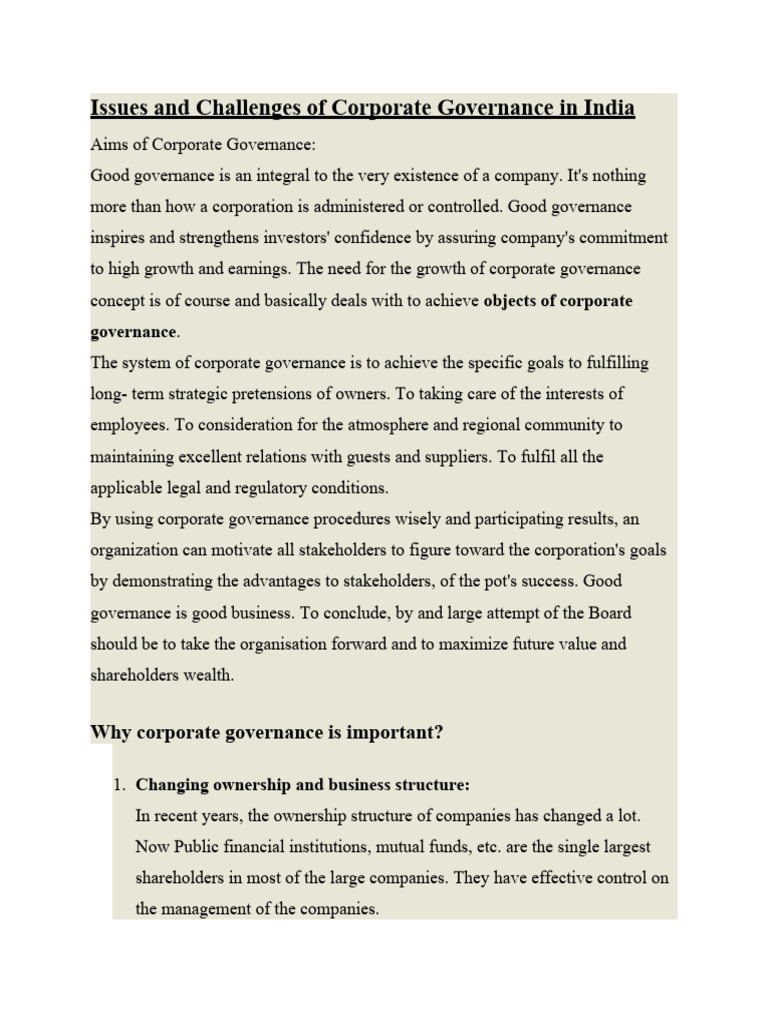 Issues and Challenges of Corporate Governance in India | PDF ...