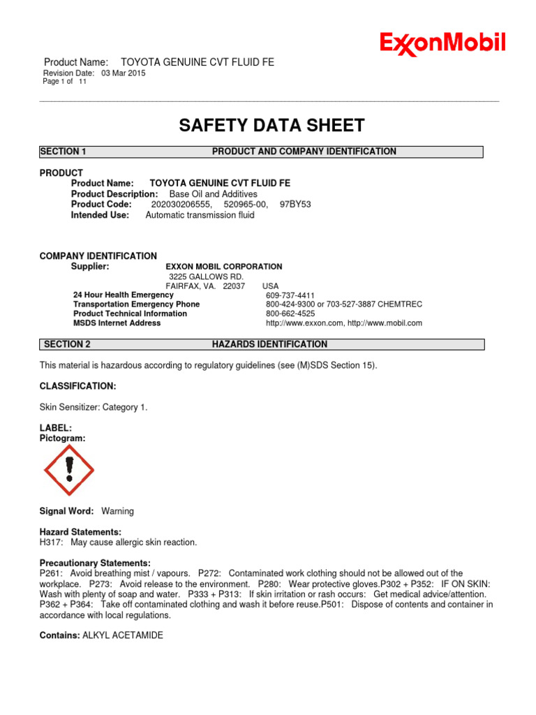 Oil and Lubricants Oil and Oem Toyota 08886-02505 Msds | PDF | Hazards ...