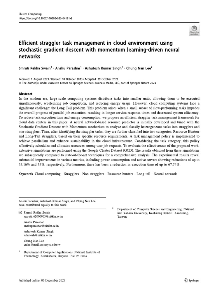 Efficient Straggler Task Management in Cloud Environment Using Stochastic Gradient With Momentum ...
