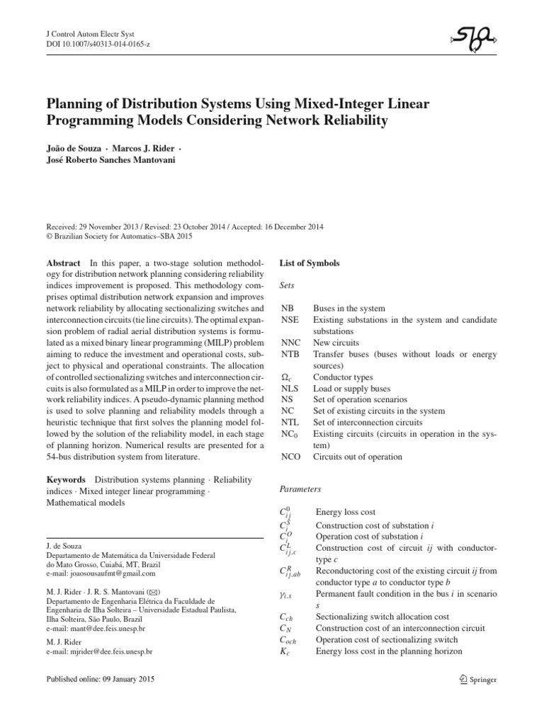Planning Of Distribution Systems Using Mixed Integer Linear Pdf Electrical Network