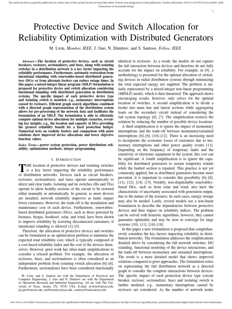 Protective Device and Switch Allocation For | PDF | Linear Programming ...