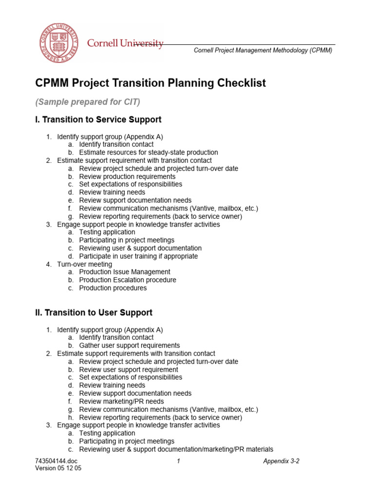 CPMM Proj Trans Plan CKLST | PDF | Databases | Call Centre