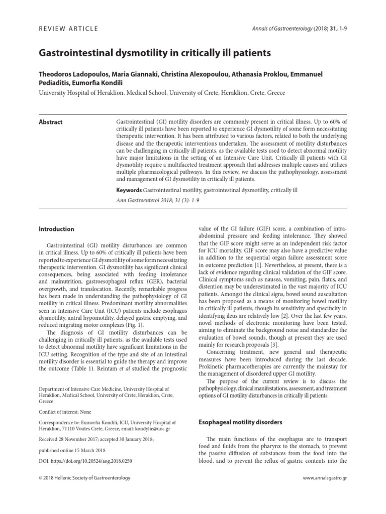 Gastrointestinal Dysmotility in Critically Ill Pat | PDF | Esophagus ...