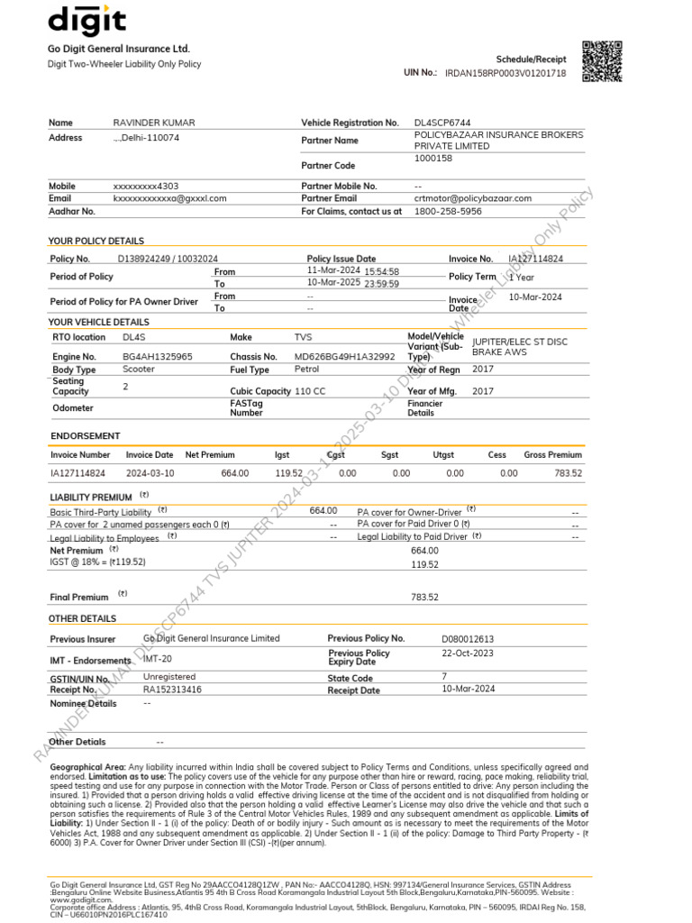 TVS Jupiter Insurance | Download Free PDF | Insurance | Driver's License