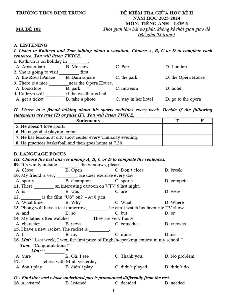 ANH 6 - MÃ ĐỀ 102 | PDF | Bangkok | Thailand