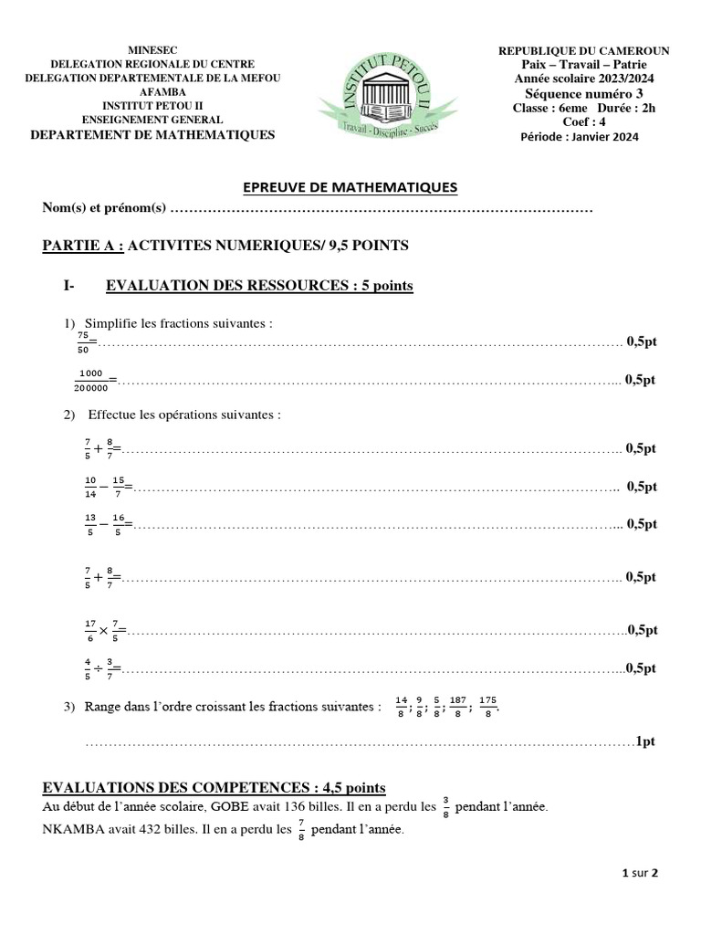 Épreuve de Mathématiques 6ème 2024 | PDF