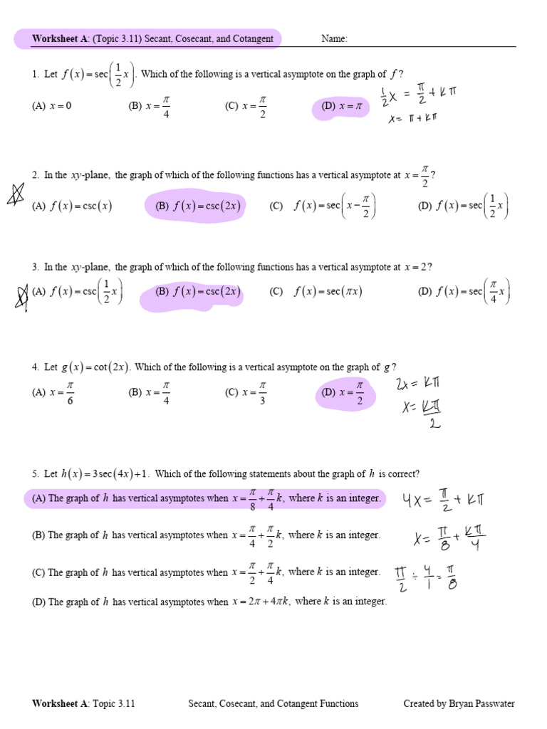 FX X X X: Worksheet A: (Topic 3.11) Secant, Cosecant, and Cotangent ...