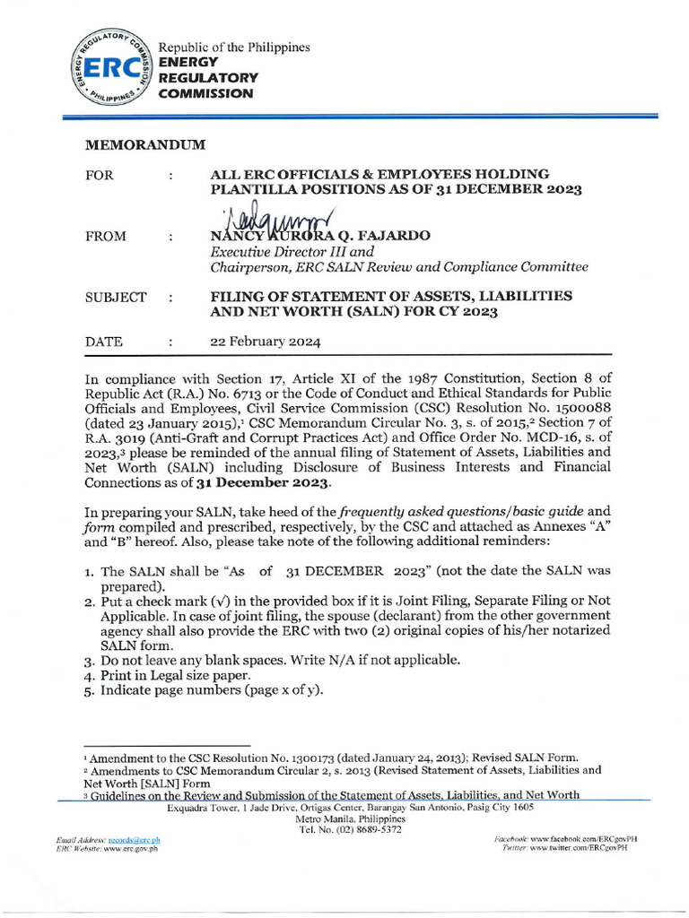 Memo Filing of SALN for CY 2023 | PDF