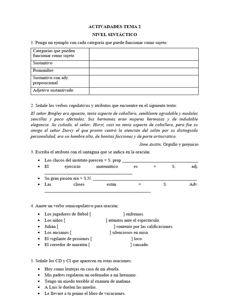 Activadades Tema 2 - Sintaxis | PDF | Oración (Lingüística) | Gramática