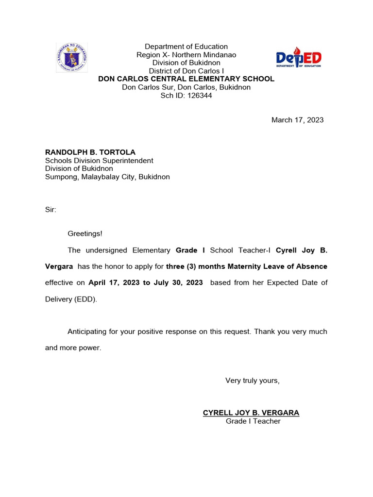 Maternity Leave Application for Teachers | PDF